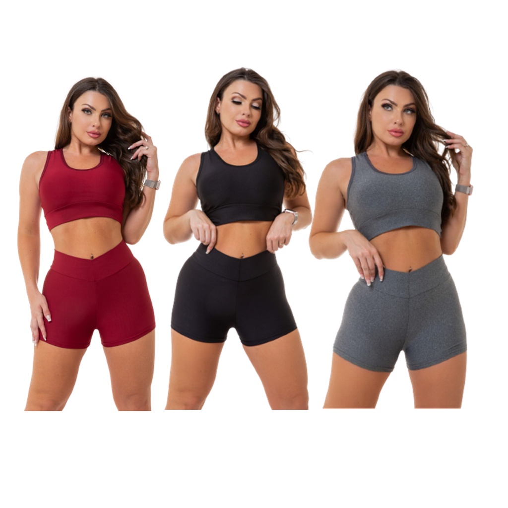 Kit 3 conjunto fitness feminino academia short e top suplex premium ...