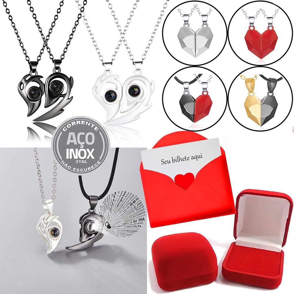 Colar Metadinha AÇO INÓX Casal Magnético Imã Coração Eu te Amo (Par ...