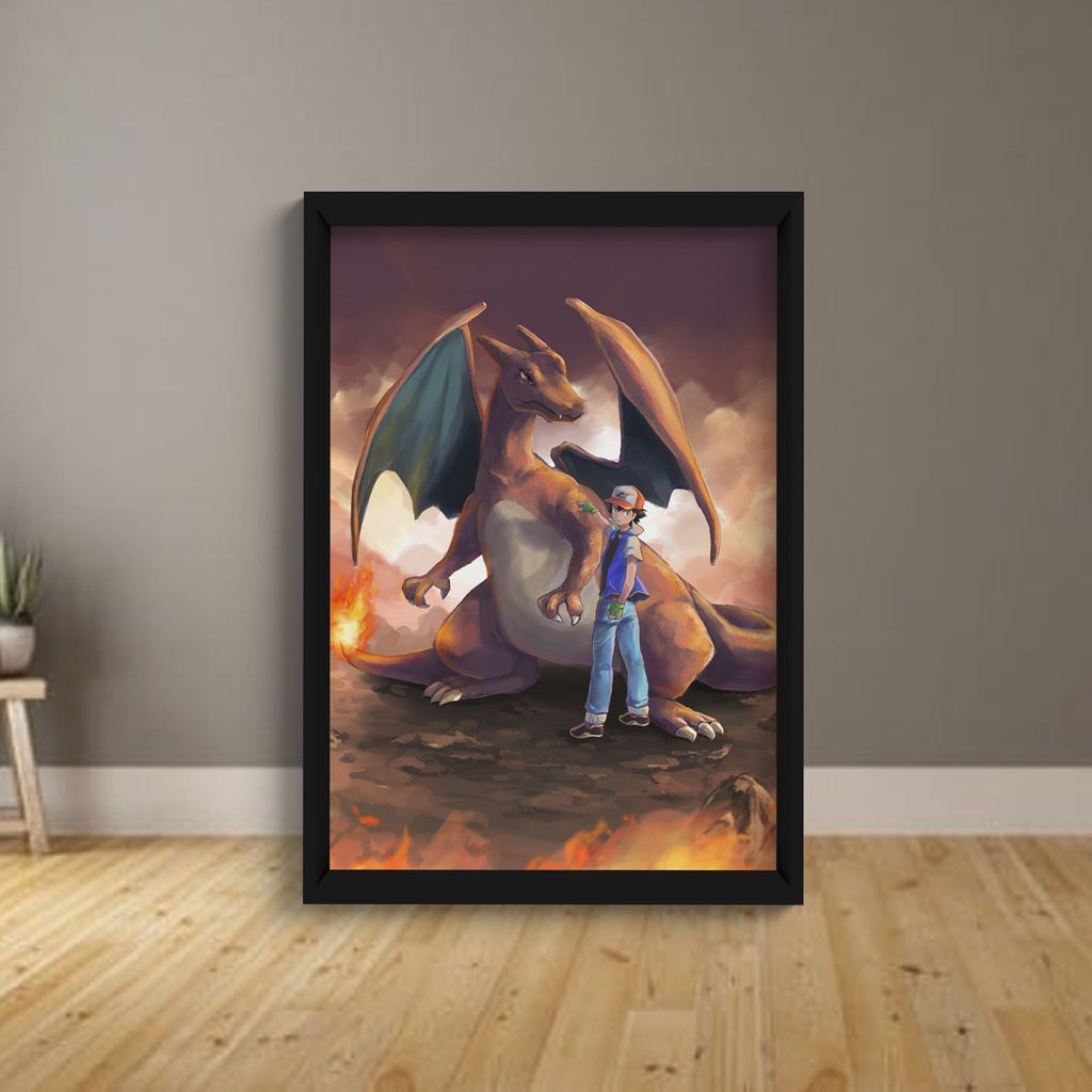 Quadro Decorativo Anime Pokemon Charizard E Ash C/ Moldura E Vidro ...