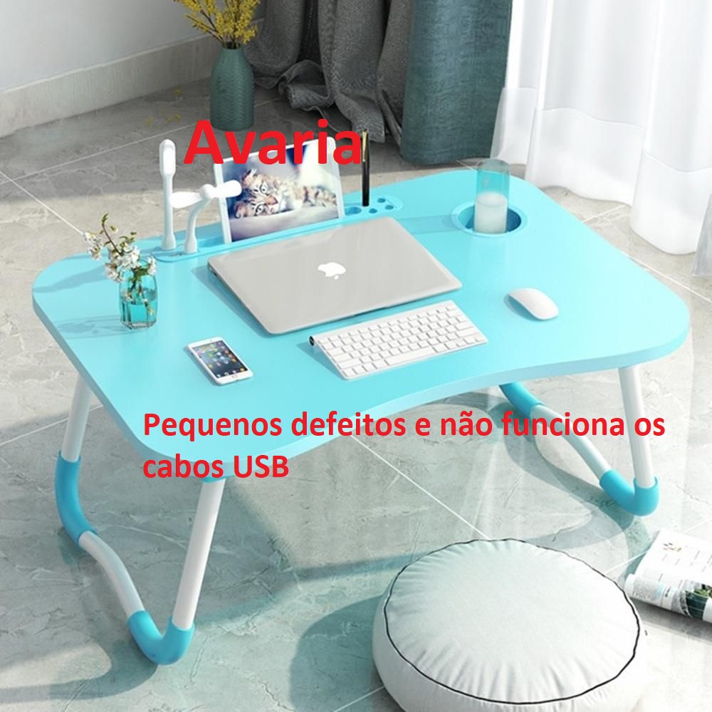 MESA PARA NOTEBOOK HOME OFFICE CAMA SOFA DOBRAVEL PORTATIL AZUL PEQUENOS DEFEITOS E NÃO FUNCIONA ...