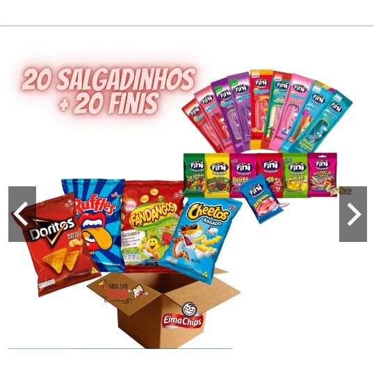 KIT 20 SALGADINHOS (DORITOS+RUFLES+FANDANGOS+CHETOS) + 20 FINI ( SORTIDOS ) | Shopee Brasil