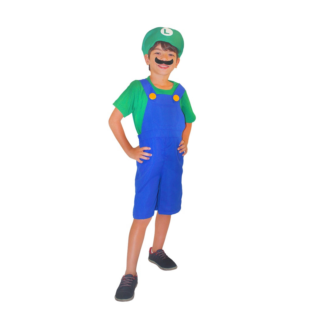 Fantasia Luigi Super Mario Bros infantil com Bigode | Shopee Brasil