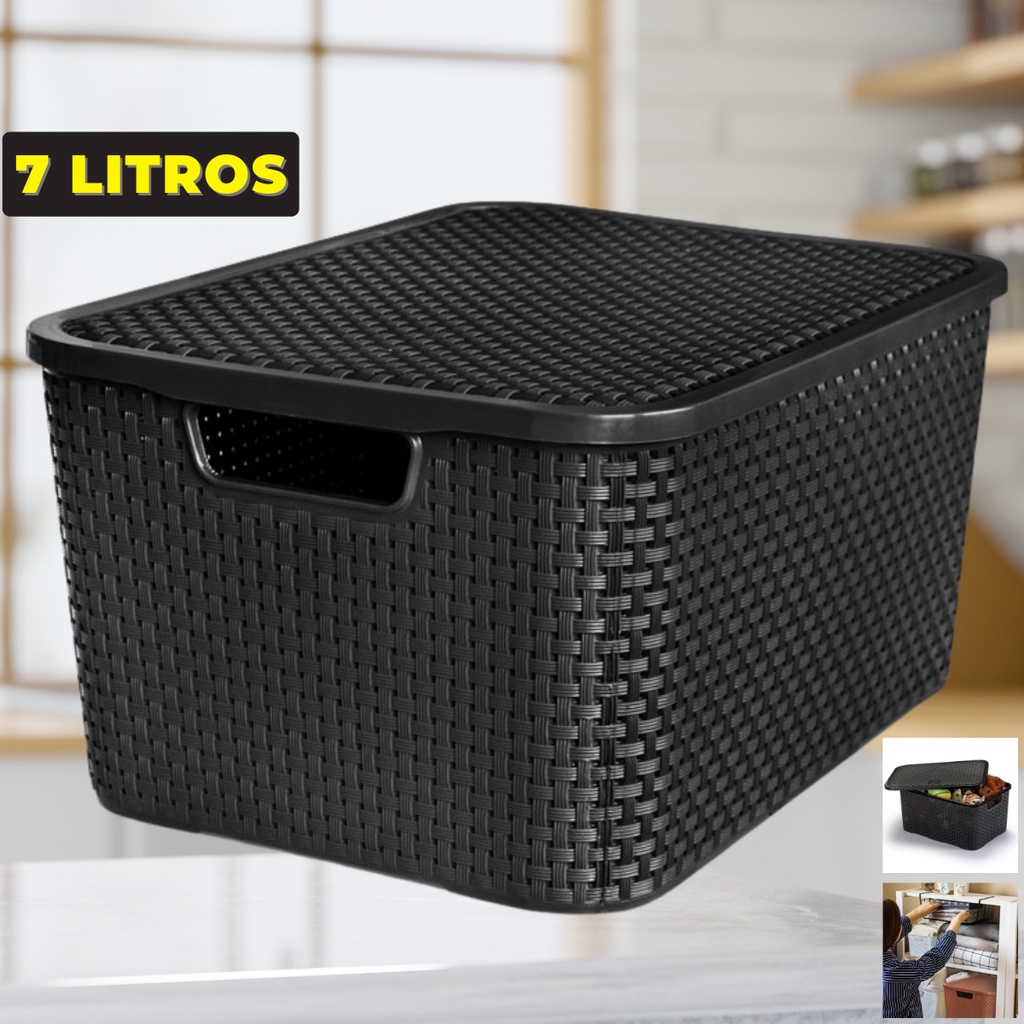 Cesto Caixa Organizadora Rattan Com Tampa 7 Litros Preto | Shopee Brasil