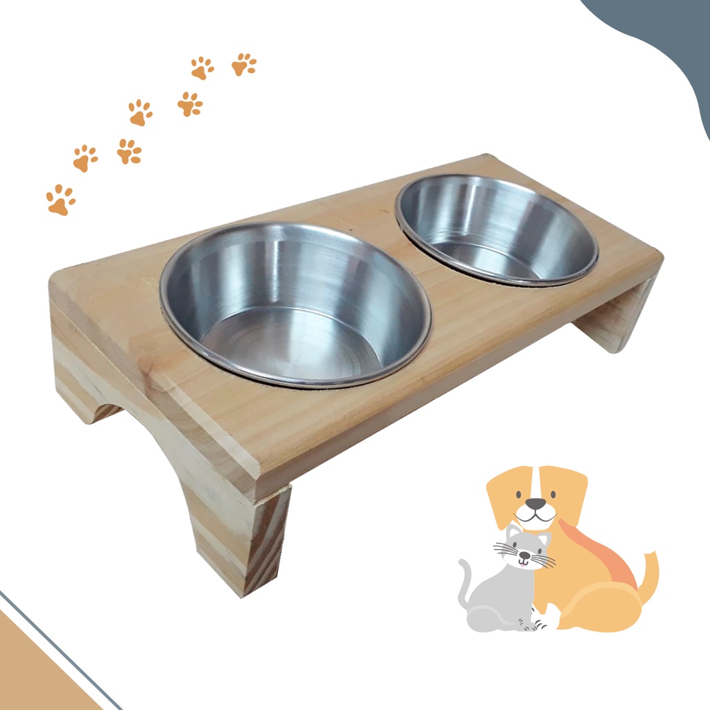 Comedouro Madeira Elevado 2 Potes inox Para Cachorro e Gato Cães Pets ...