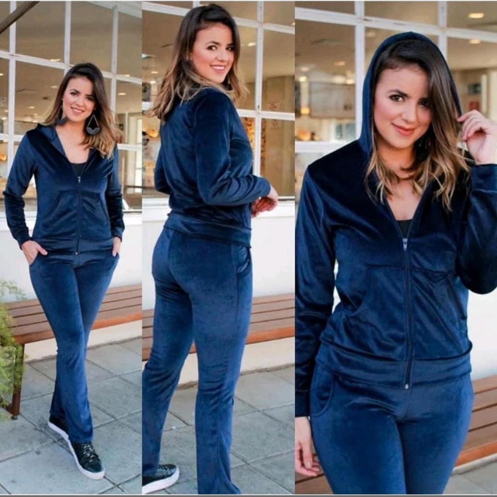Conjunto feminino plush aveludado com zíper e bolso blusa e calça macio ...