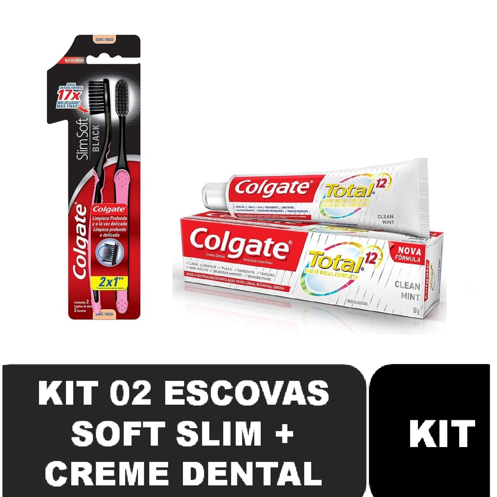 Kit Escova Dental Colgate Slim Soft Black 02 unidades + Creme dental ...