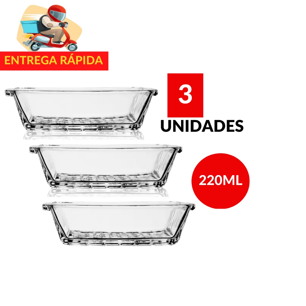 Jogo de Tigelas Retangulares de Vidro 220ML 3 Peças - Conjunto de ...