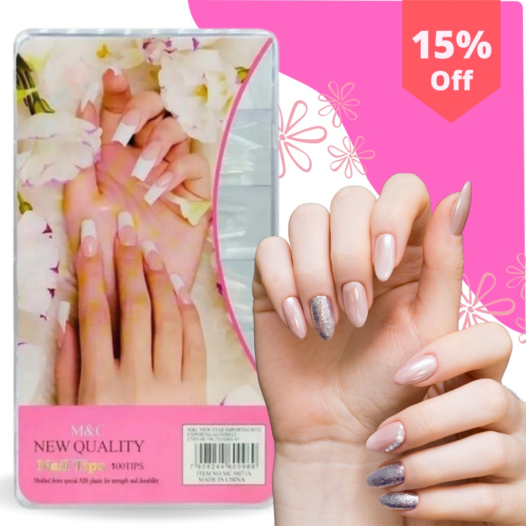 Cartela com 100 Unhas Transparente Curvatura C Natural Acrigel Tips ...