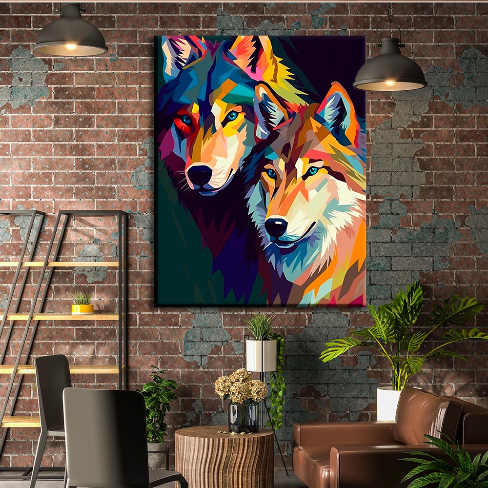 Quadro de Parede Casal de Lobos Geométrico sala quarto escritório tela ...