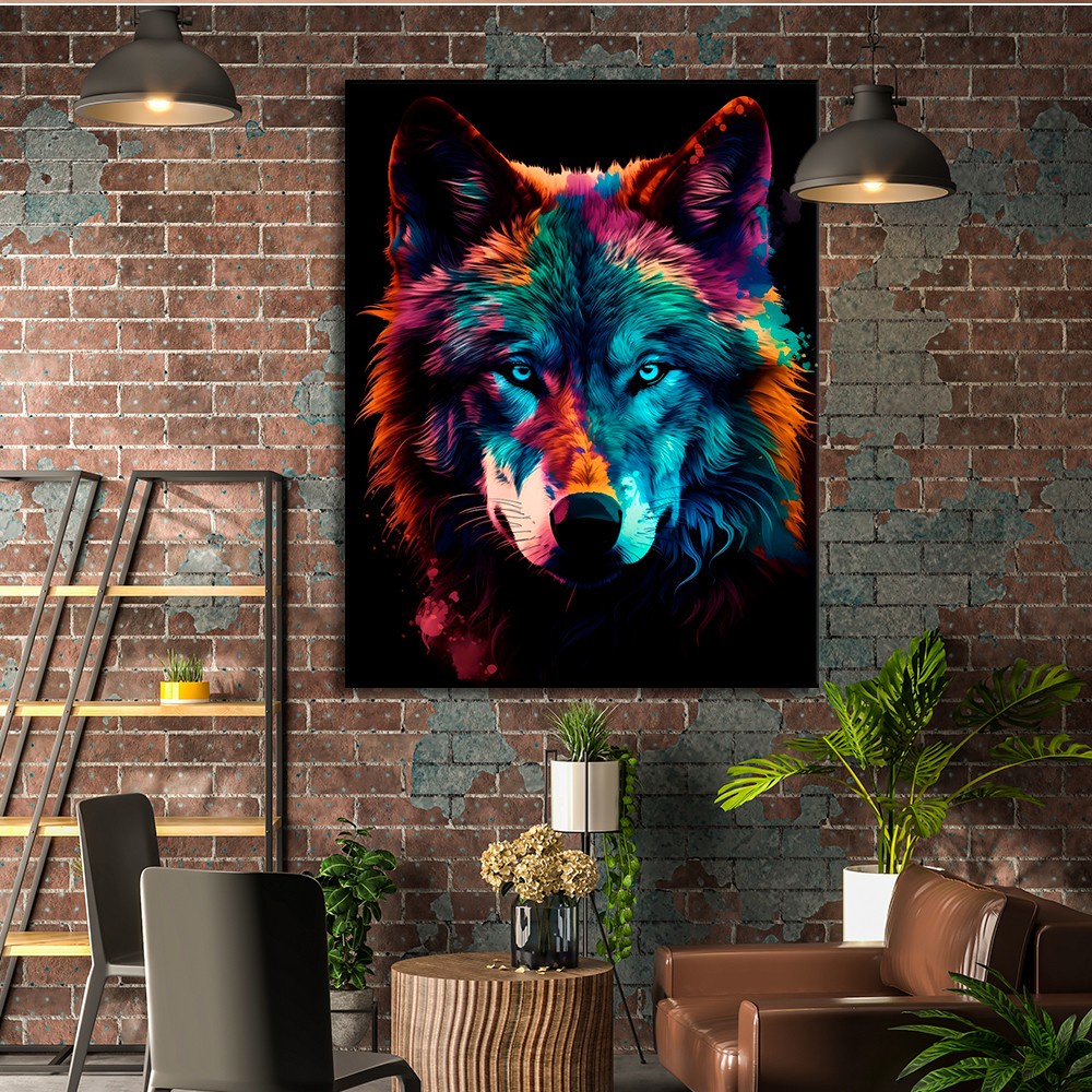 Quadro de Parede Lobo Colorido Vibrante quarto sala hall Borda Infinita ...