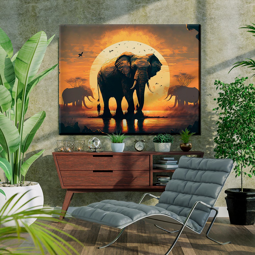 Quadro Deitado elefante savana africa sol quarto sala hall tela grande ...