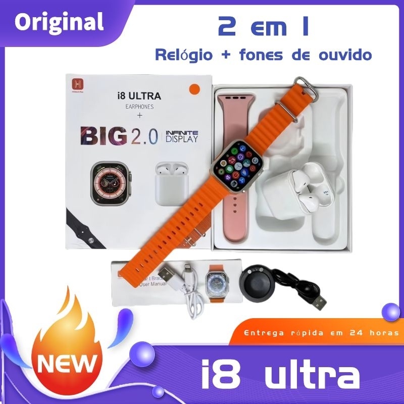 Fone De Ouvido i8 Ultra Smartwatch TWS 2 Em 1 BT Chamada BIG Smart Watch 2.0 Polegadas 49mm ...