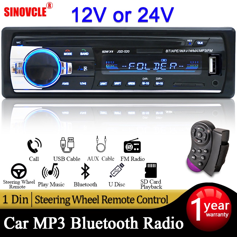 Som Automotivo Rádio De Carro Bluetooth USB MP3 Player 1 Din 4×60W Estéreo FM 12V/24V | Shopee ...