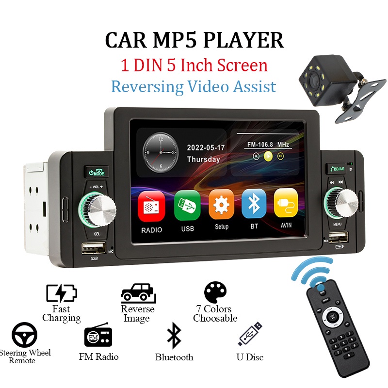 Central Multimídia Bluetooth Automotivo MP5 1 Din Com Tela De Toque 5 Polegadas USB/AUX/TF ...