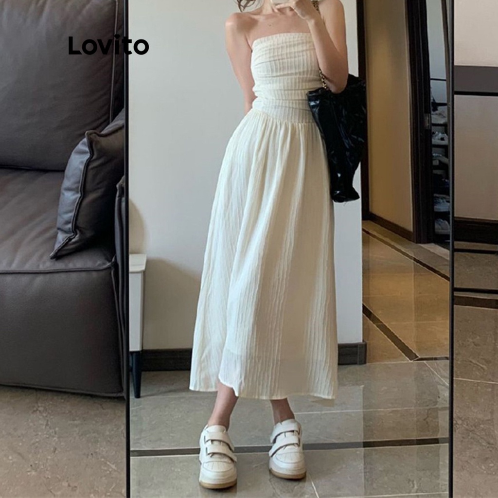 Lovito Casual Vestido Feminino Liso Franzido De Festa Lne07145 Branco