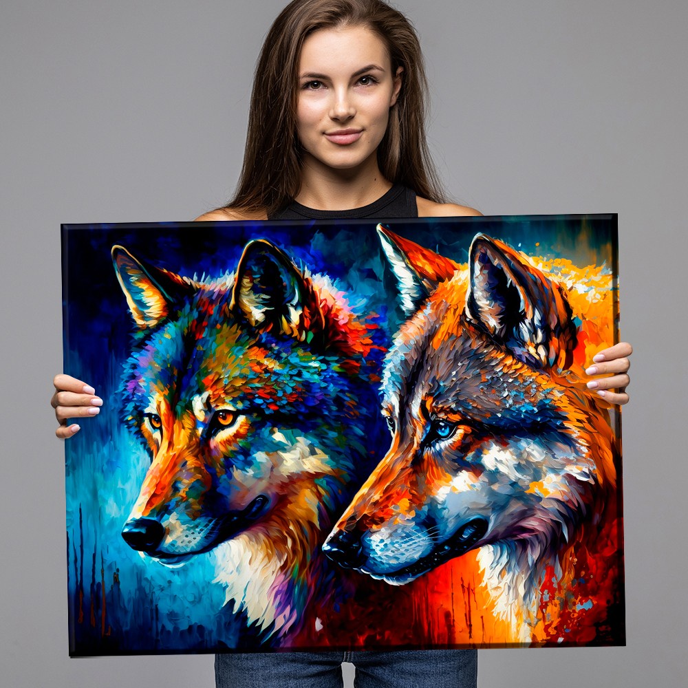 Quadro Decorativo Horizontal casal de lobos coloridos cabeceira cama ...