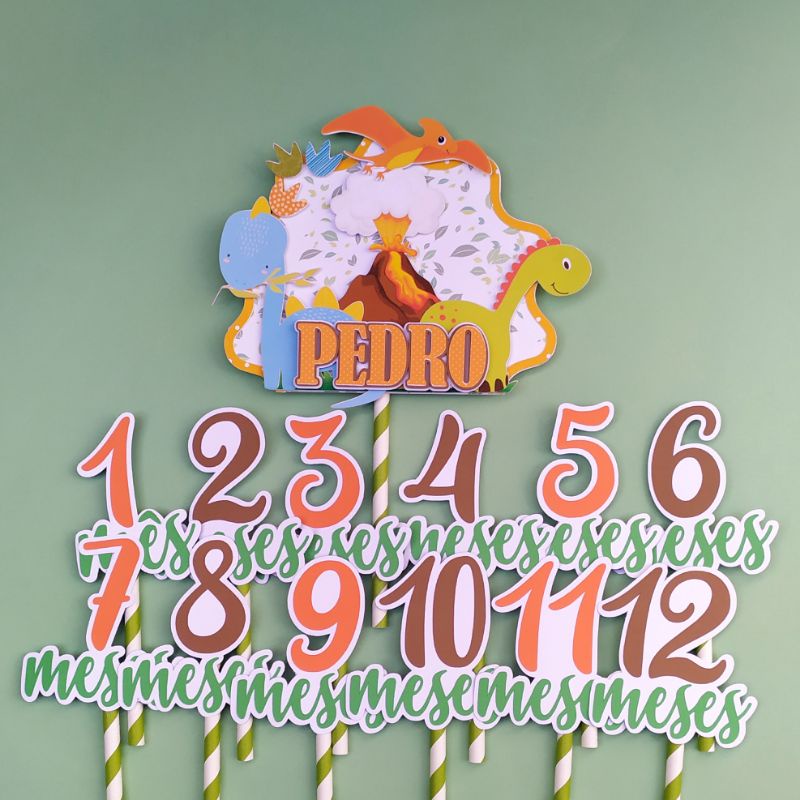 Topo Bolo Mesversario Dinossauro Baby kit com 1 topo de bolo e toppers ...