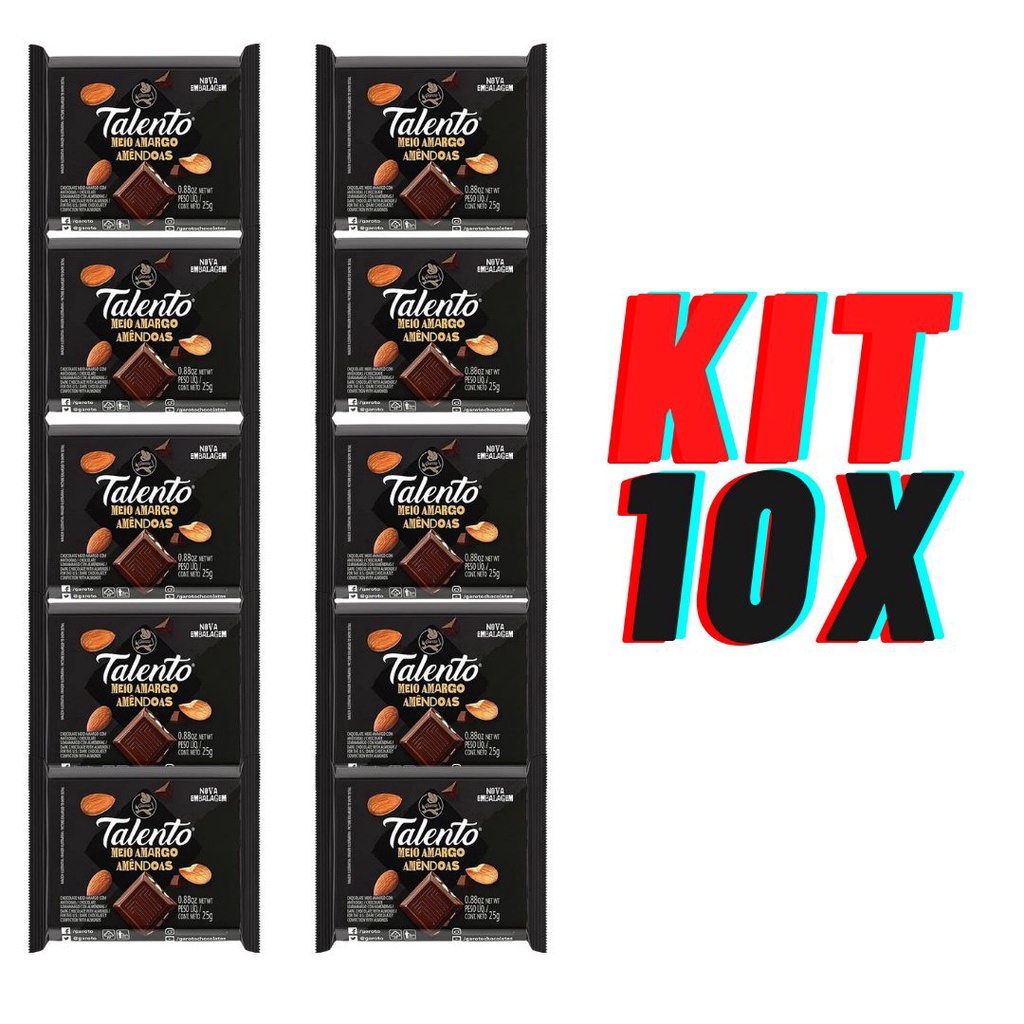 Kit 10 Barras de Chocolate Mini Talento Meio Amargo Amêndoas 25g cada ...