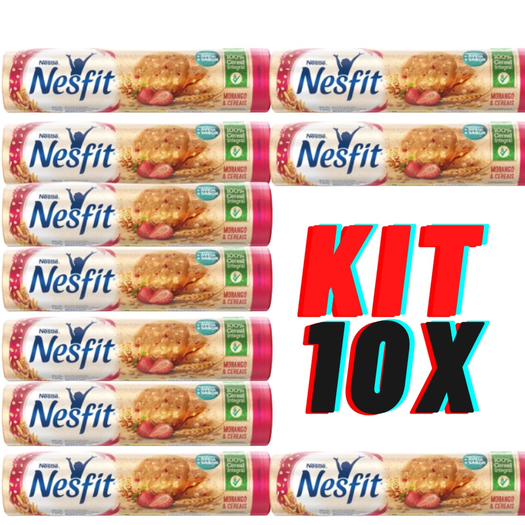Kit 10 Pacote Biscoito Integral Morango & Cereais Nesfit 60g | Shopee Brasil