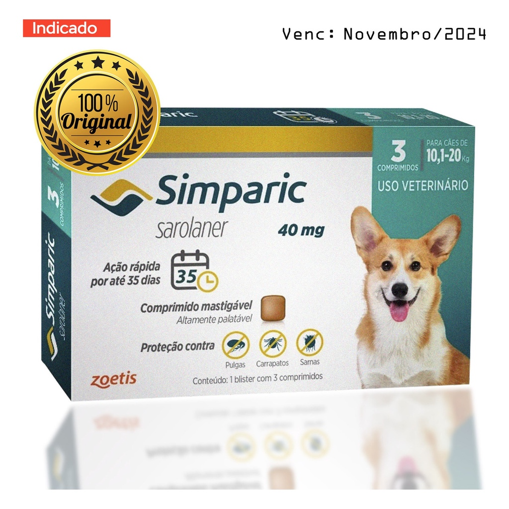 Simparic 40 Mg. Antipulgas 10 A 20kg Cx 3 Comprim | Shopee Brasil
