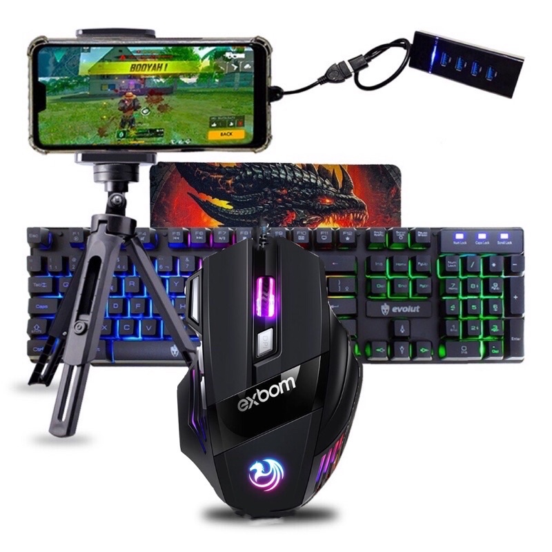 Kit Mobilador Completo Gamer Barato P/ Jogar Free Fire Teclado e Mouse Led Rgb Com Fio Usb P ...