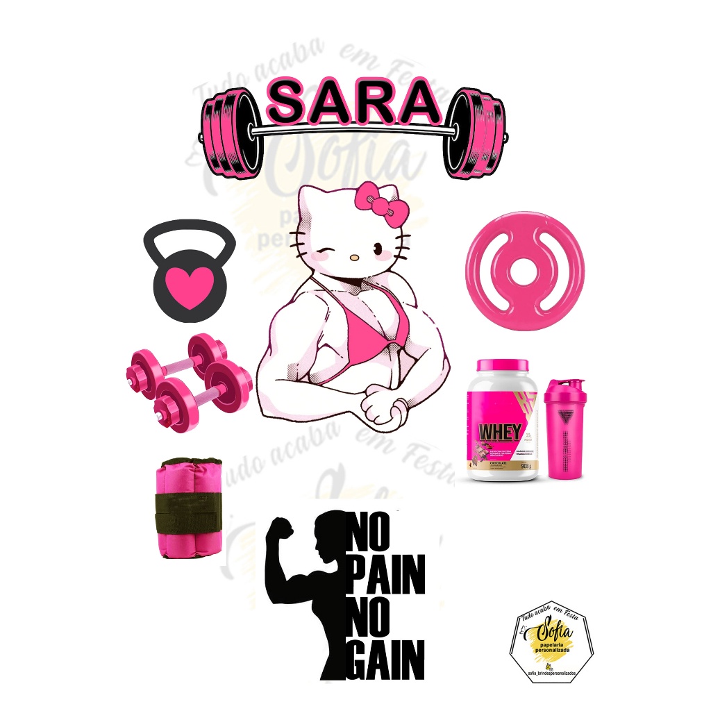 Topo de bolo MUSCULAÇÃO HELLO KITTY MAROMBEIRA/ musculação Topper ...