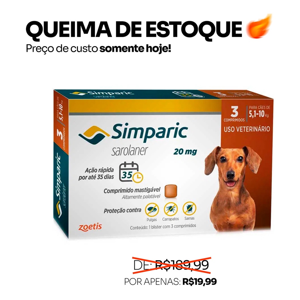 Antipulgas Simparic 20mg 5,1 A 10kg - Kit Com 3 Comprimido | Shopee Brasil