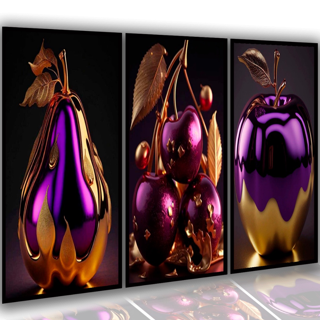 Quadros Decorativos de Parede Uva Pêra Roxa Gold Moldura Sala Cozinha ...