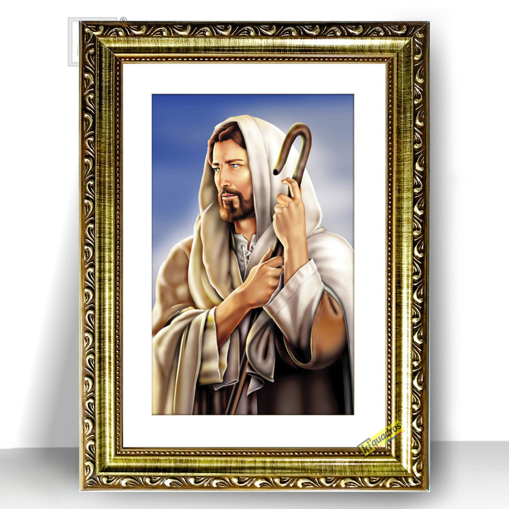 Quadro Moldura Trabalhada Jesus Cristo Pastor Cajado Cristo 35x47cm ...