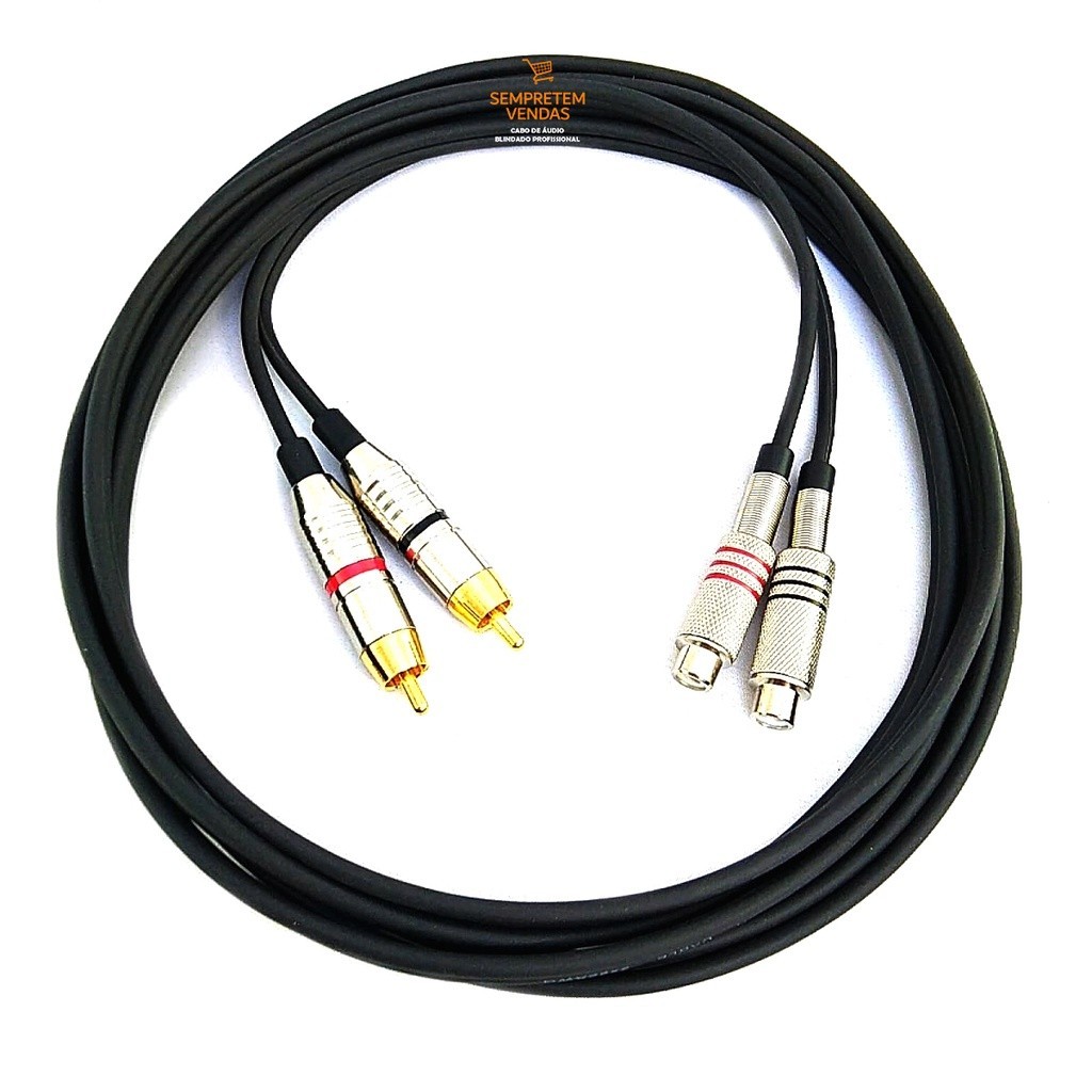 Cabo de Áudio Extensor Blindado RCA Macho Duplo RCA Fêmea Duplo Profissiomal 2 Metros - Faz a Boa!