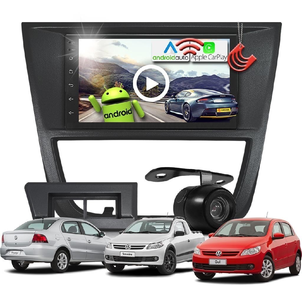 Combo Kit Central Multimidia MP5 Android + Camera de ré + Moldura Preta Gol Voyage Saveiro G5 ...