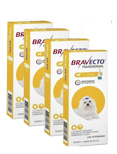 Kit 4 Antipulgas e Carrapatos MSD Bravecto Transdermal para Cães de 2 a 4,5 Kg - 112,5 mg ...