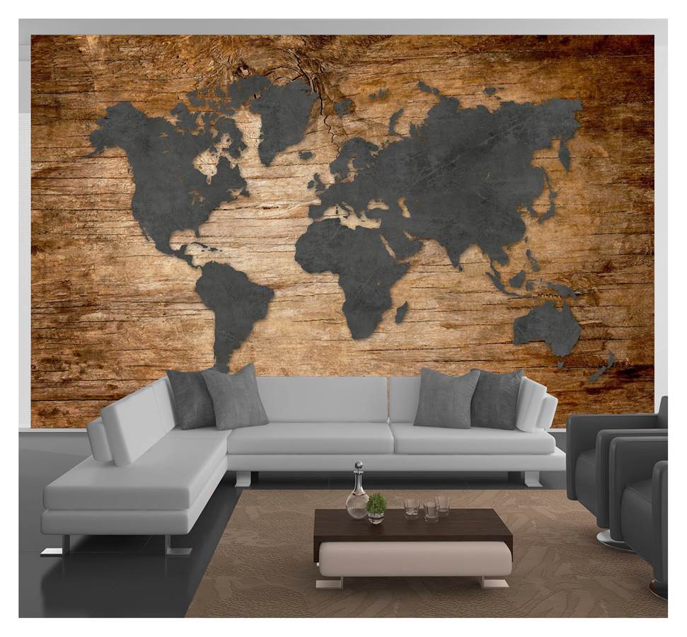 Adesivo de parede Mapa mundi decorativo madeira concreto cimento papel ...