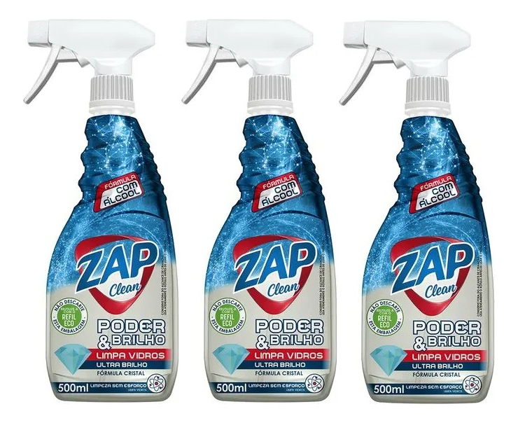 Kit C/ 3un Limpa Vidros Zap Clean Poder e Brilho 500ml | Shopee Brasil
