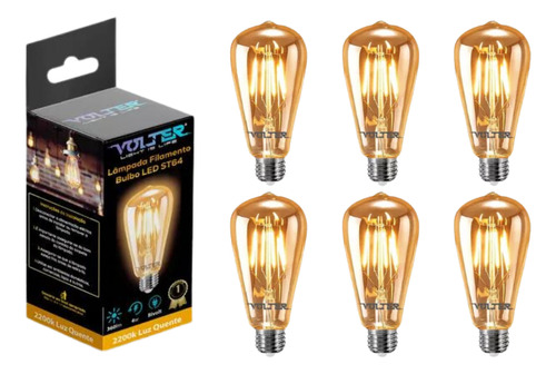 Kit 6 Lâmpada Led Filamento Retrô Volter St64 4w 2200k 360lm Cor Branco ...