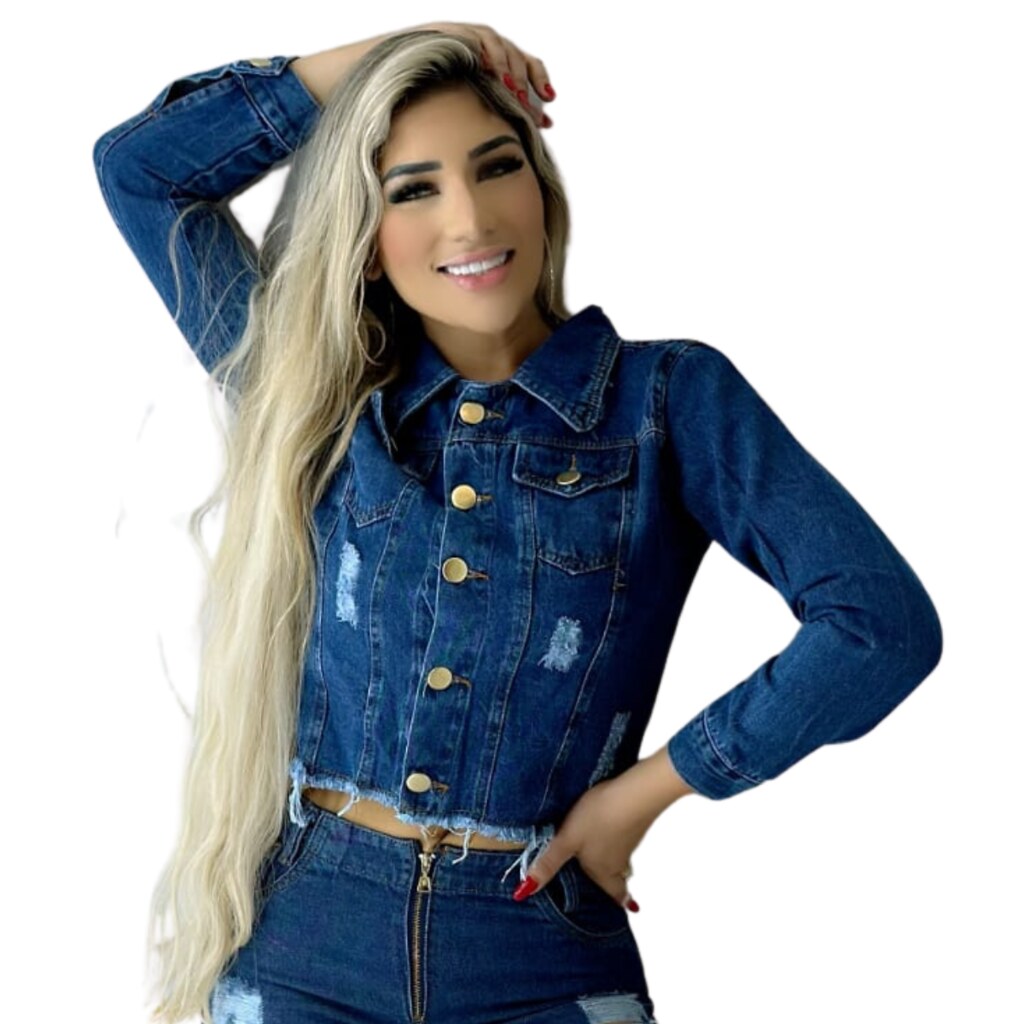 Jaqueta Jeans Feminina Azul Escura Detonada com Detalhes Desfiados ...