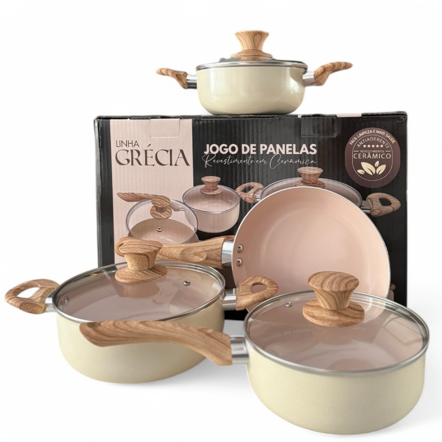 Kit Jogo de Panela 4 Peças – Revestimento Cerâmico Antiaderente, Creme ...