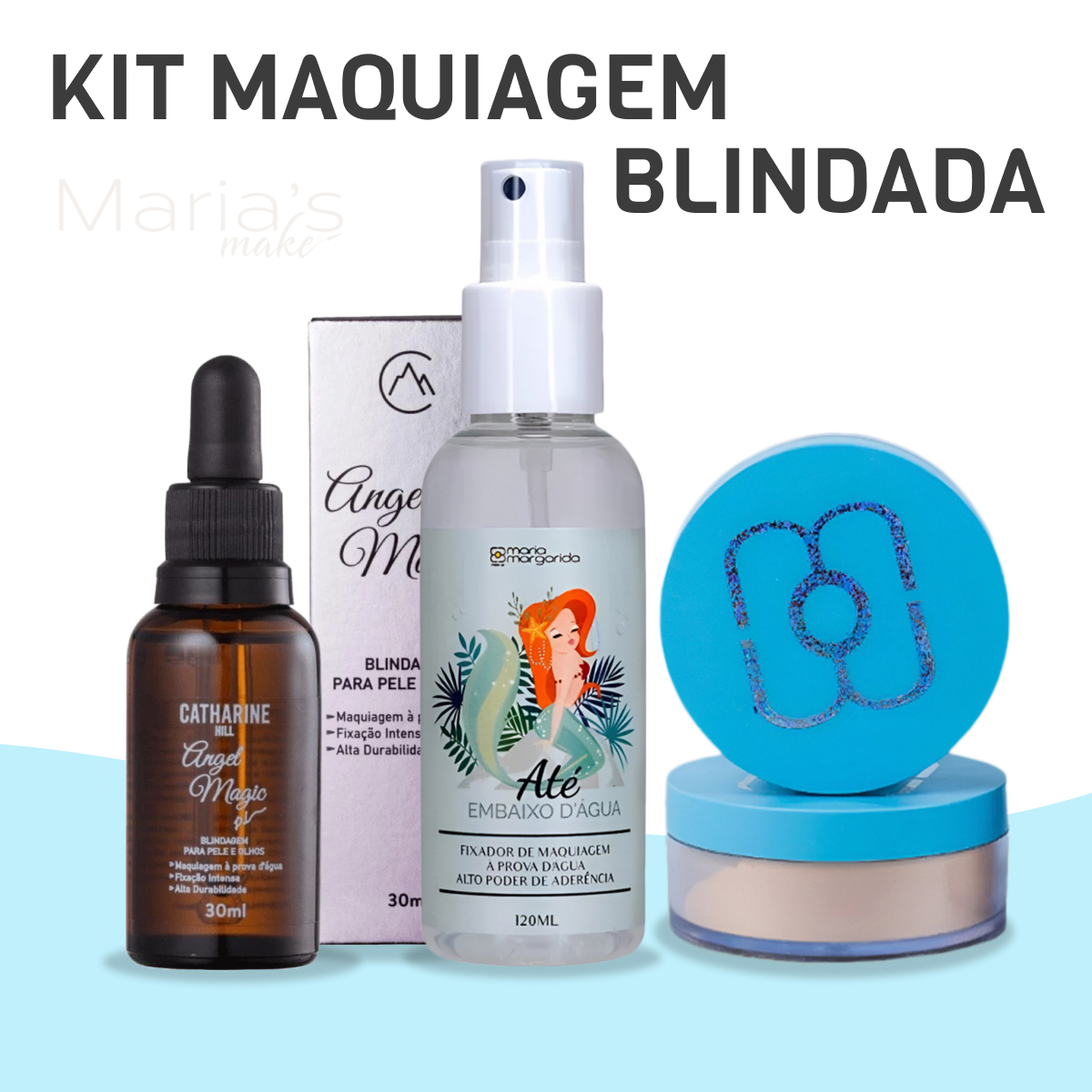 Kit de Maquiagem com Pó Hidratante + Fixador + Blindagem Catharine Hill ...