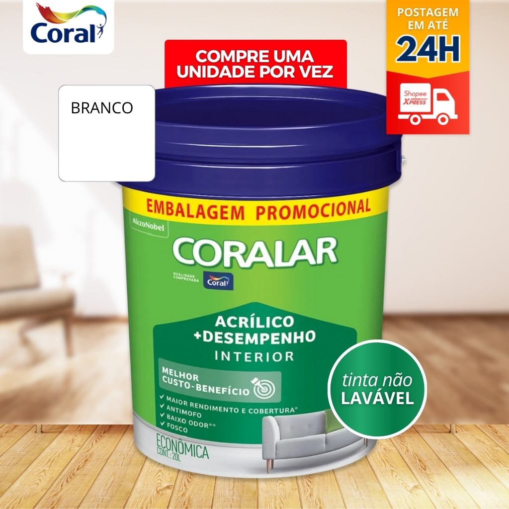 Tinta Acrílica Parede Interna Coralar Branco Fosco 20 Litros Balde ...