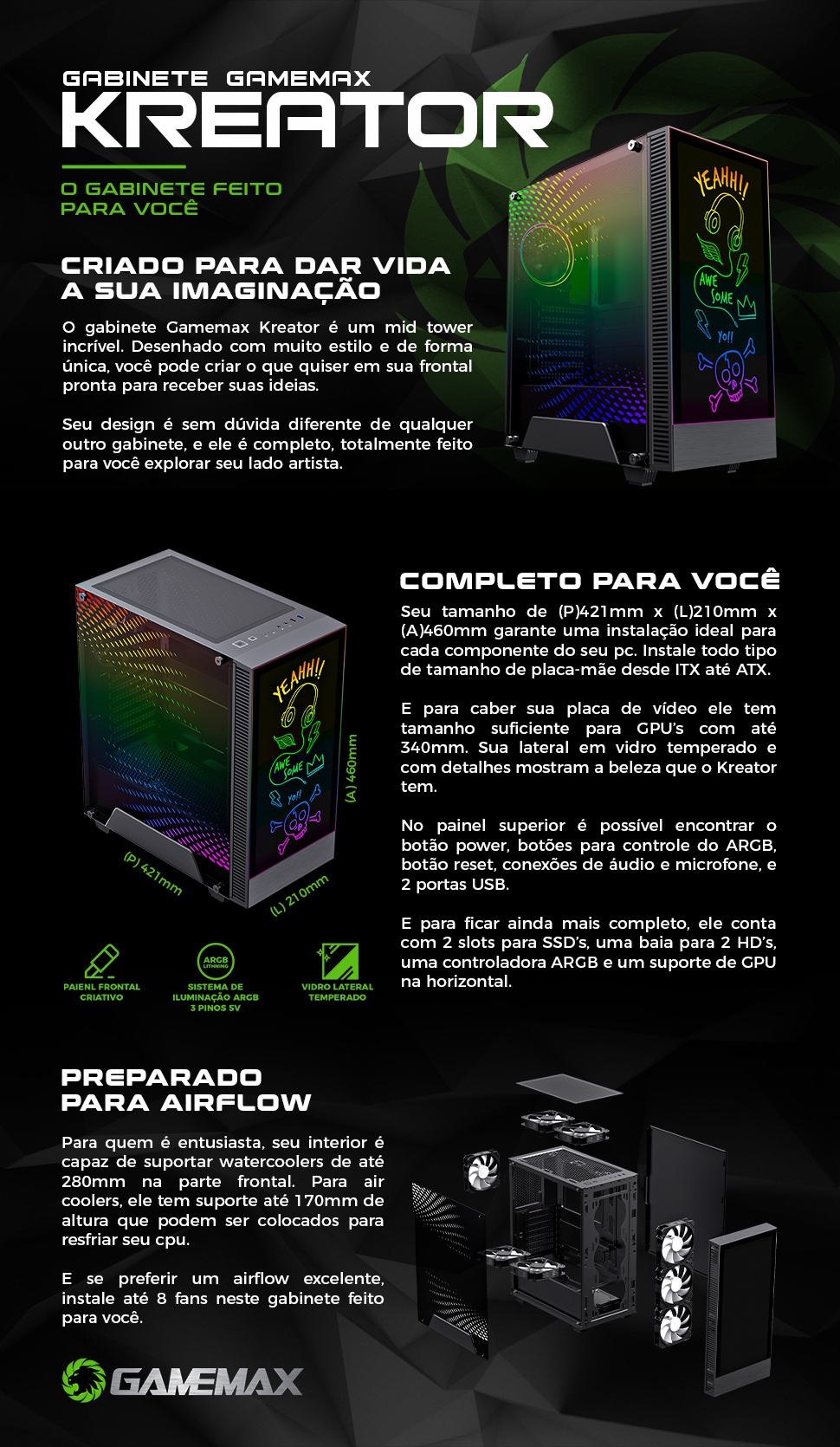 Gabinete Gamer Gamemax Kreator Mid Tower Argb 5+3 Fans | Shopee Brasil