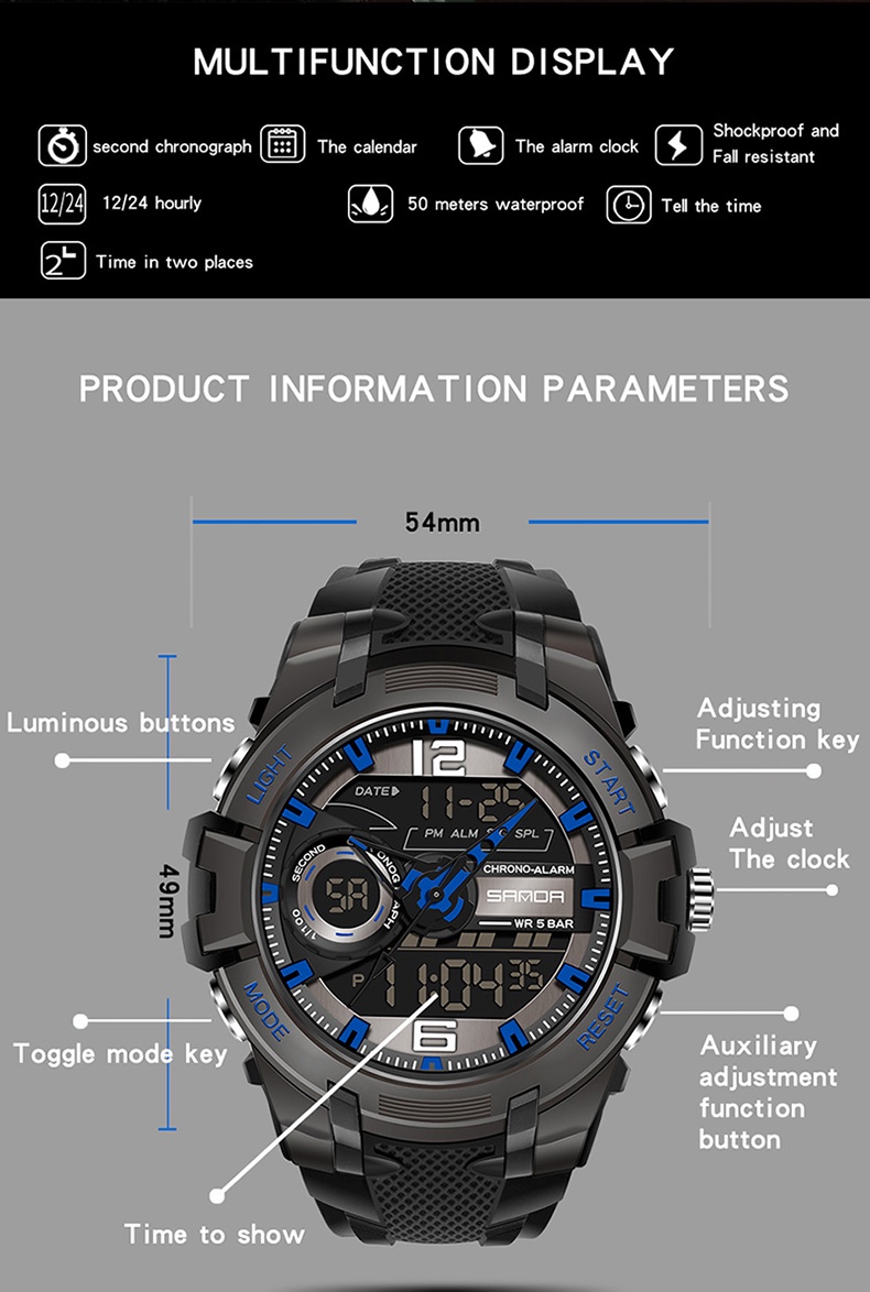 Novo 2024 SANDA Relógios Masculinos Relógio Esportivo À Prova D'água 50M De Pulso Relogio ...