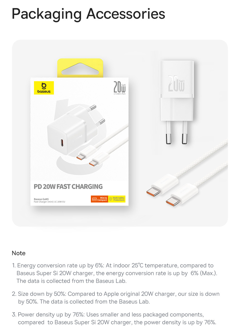 Baseus 20W GaN5 USB C Carregador Portátil Tipo Suporte De PD Carregamento Rápido Com Cabo De ...