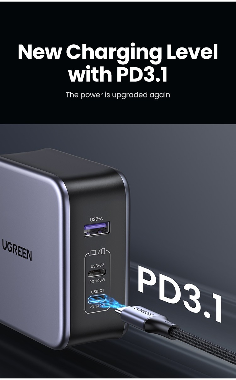 Carregador De Telefone USB UGREEN GaN 100W 140W Tipo C PD3.1 PPS 45W Carga Rápida Para Macbook 4 ...
