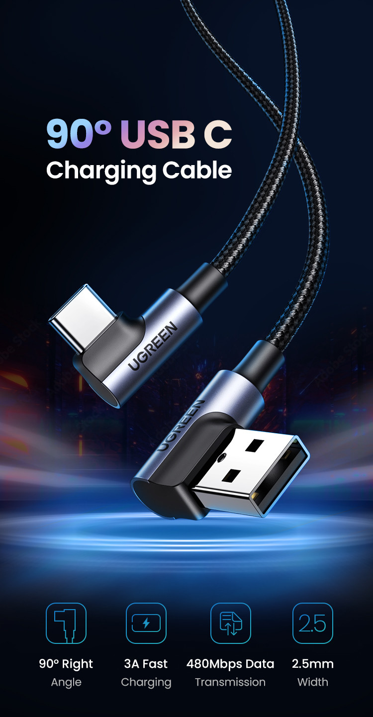 Cabo De Carregamento UGREEN 3A USB C Em Ângulo Reto Para Suporte Tipo QC 3.0 Rápido Xiaomi 9 Pro ...