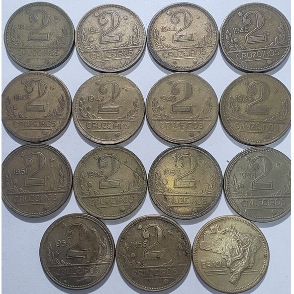 Moedas de 2 Cruzeiros de 1942, 1943, 1944, 1945, 1946, 1947, 1949, 1950, 1951, 1952, 1953, 1954 ...