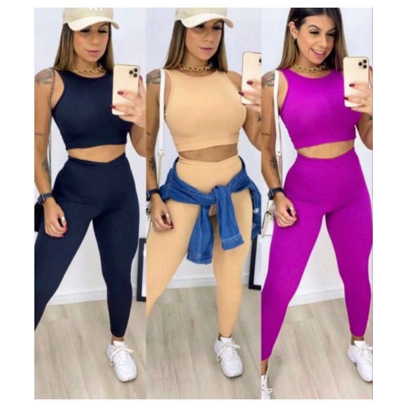Conjunto Moda gringa feminino canelado | Shopee Brasil