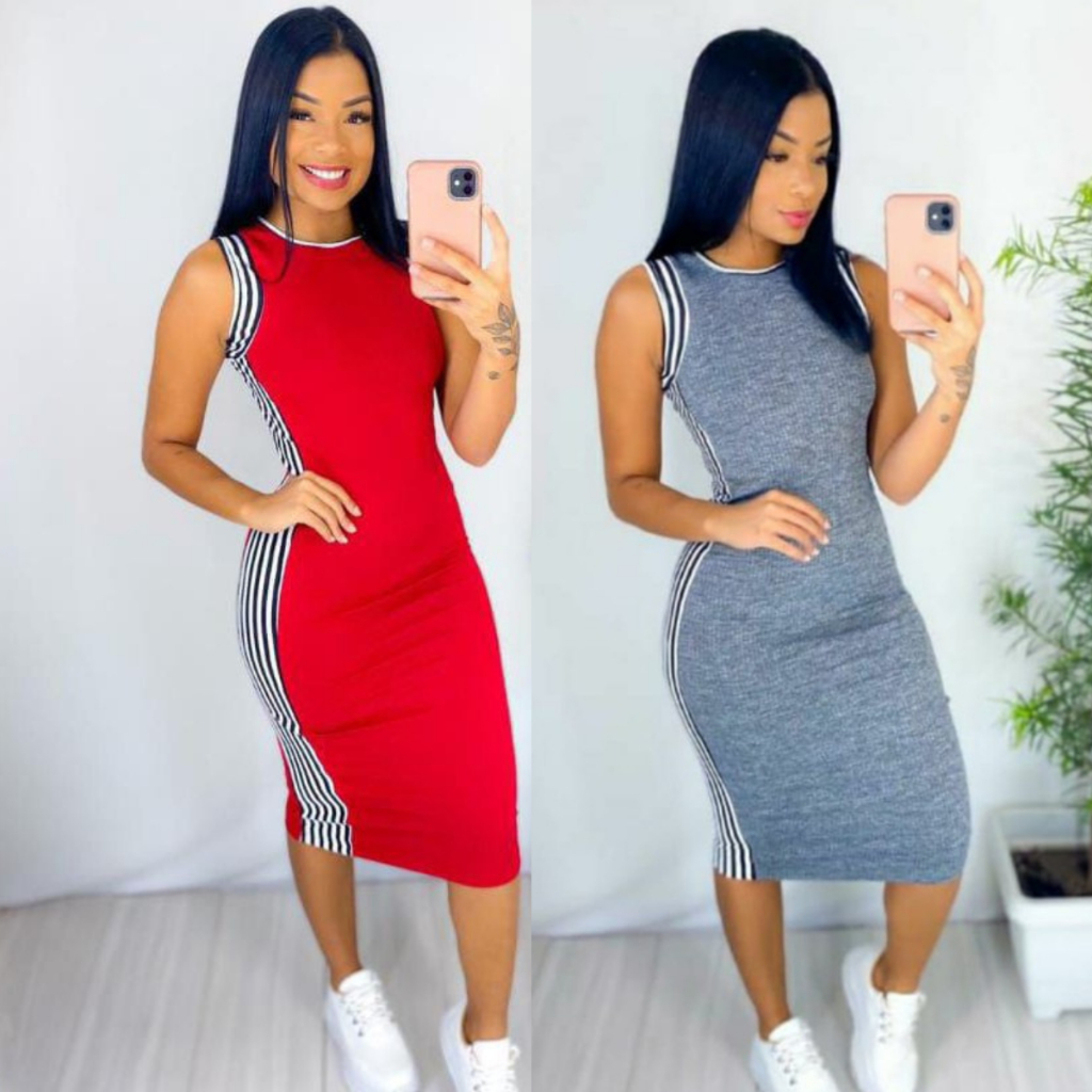 Vestido Colado Canelado Feminino Midi Malha Canelada Listra Lateral ...