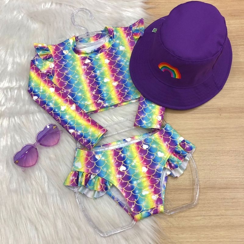 Biquíni Infatil Blusinha Manga Longa Moda Praia Piscina | Shopee Brasil