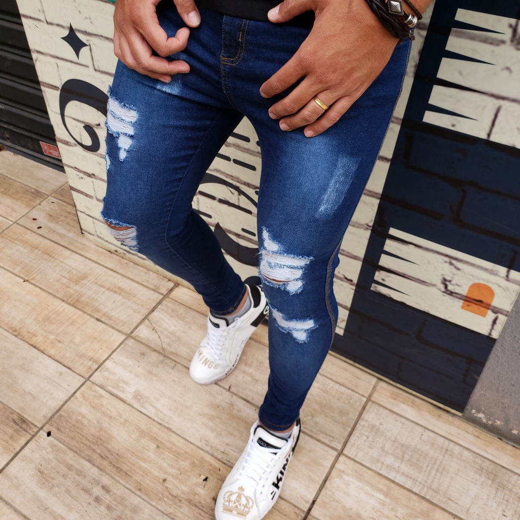 Calça Masculina Super Skinny Jeans Com Elastano Rasgadas | Shopee Brasil
