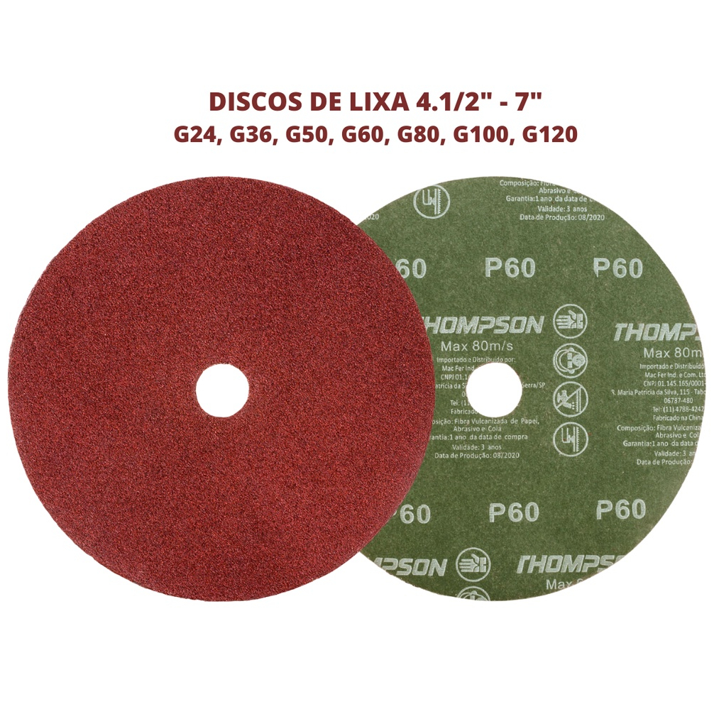 Disco de Lixa 4.1/2" e 7" Furo 22mm Grão 24/36/50/60/80/100/120 ...